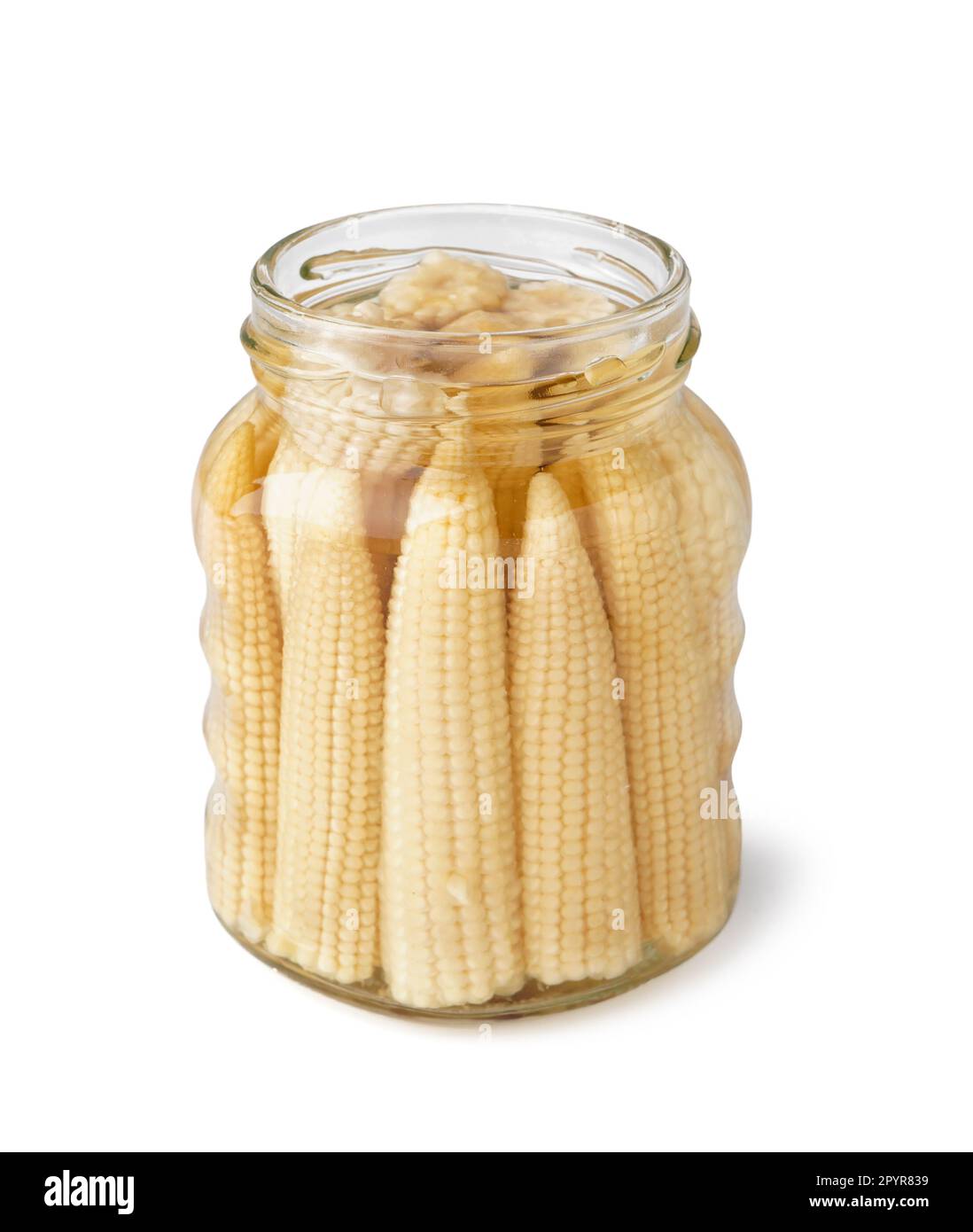 Jar of tasty canned corn cobs on white background Stock Photo - Alamy