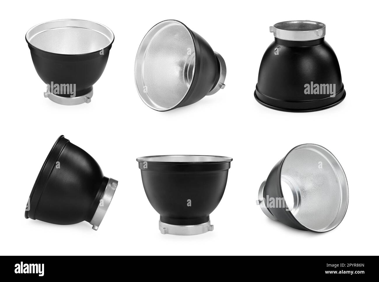 Set with studio flash light reflectors on white background Stock Photo ...