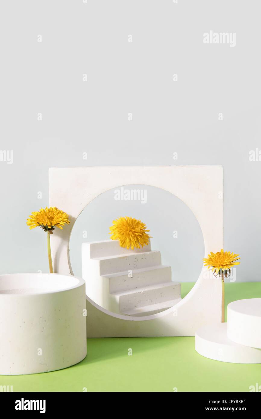 Decorative podiums with dandelion flowers on colorful background Stock ...