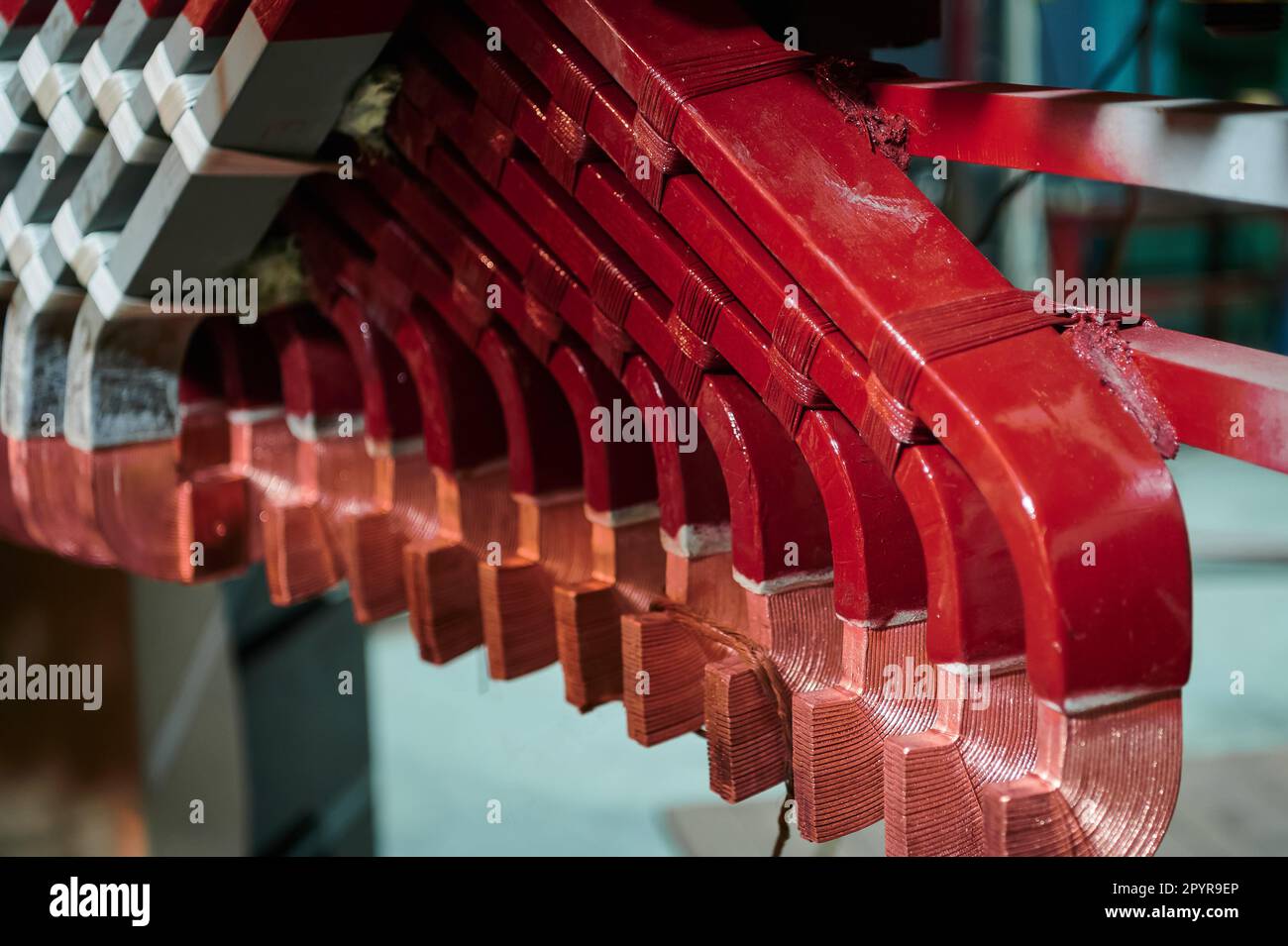 Group of colorful metal details of electric motor at plant Stock Photo ...