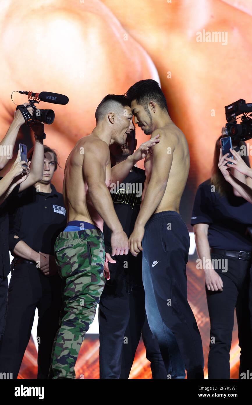DENVER, COLORADO - MAY 4: (L-R) Lowen Tynanes faces off against Ok Rae ...