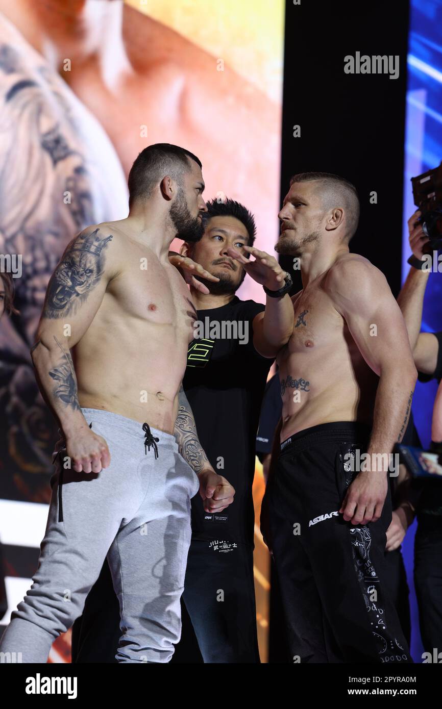 DENVER, COLORADO - MAY 4: (L-R) Roberto Soldic faces off against ...
