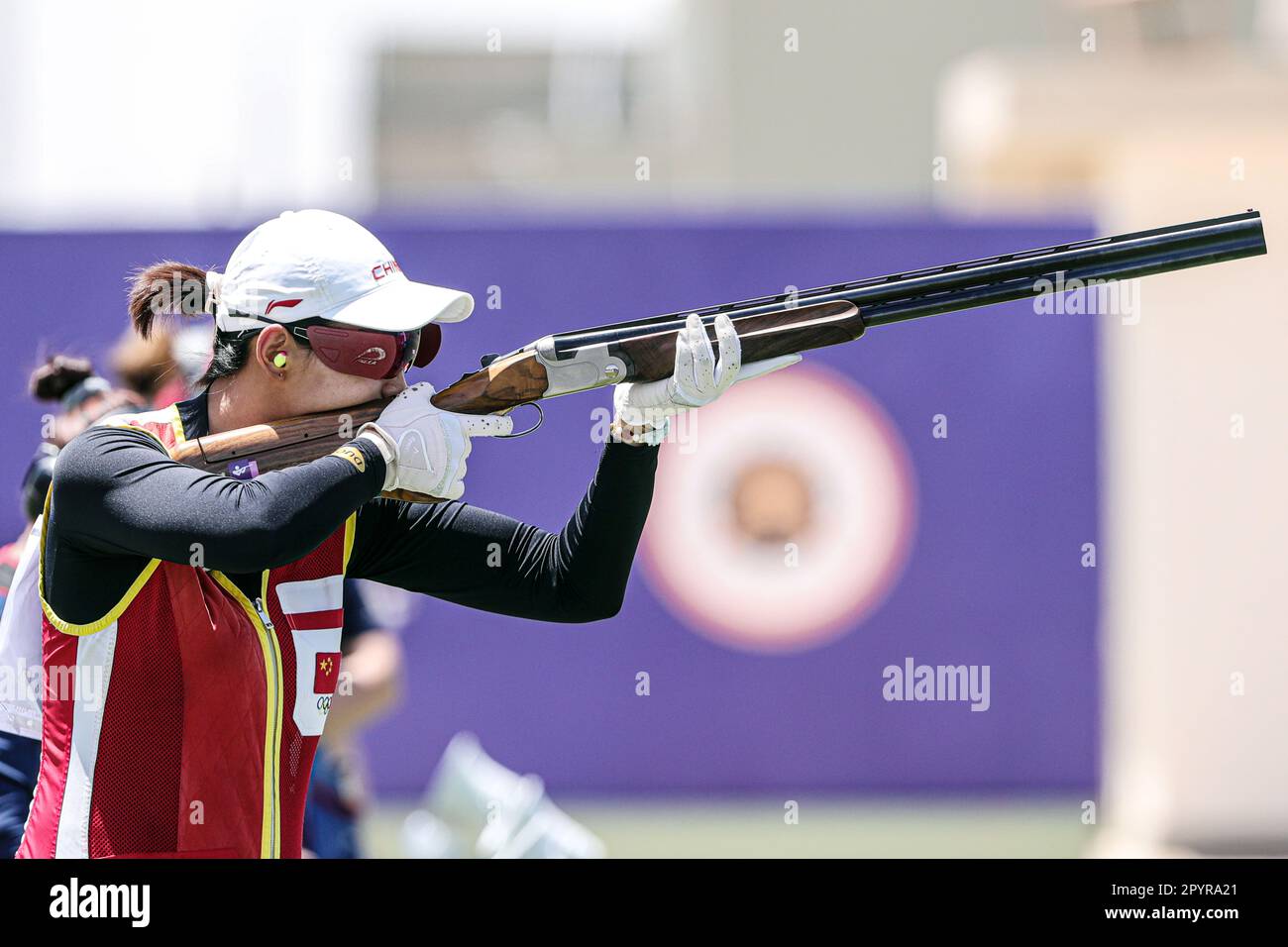 Cairo, Egypt. 4th May, 2023. Wang Xiaojing of China shoots during the trap women's medal match ...