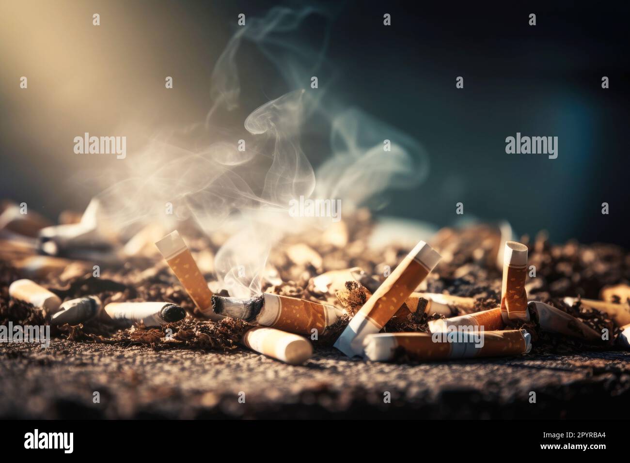 A pile of extinguished and crumpled cigarettes, cigarette burning and ...