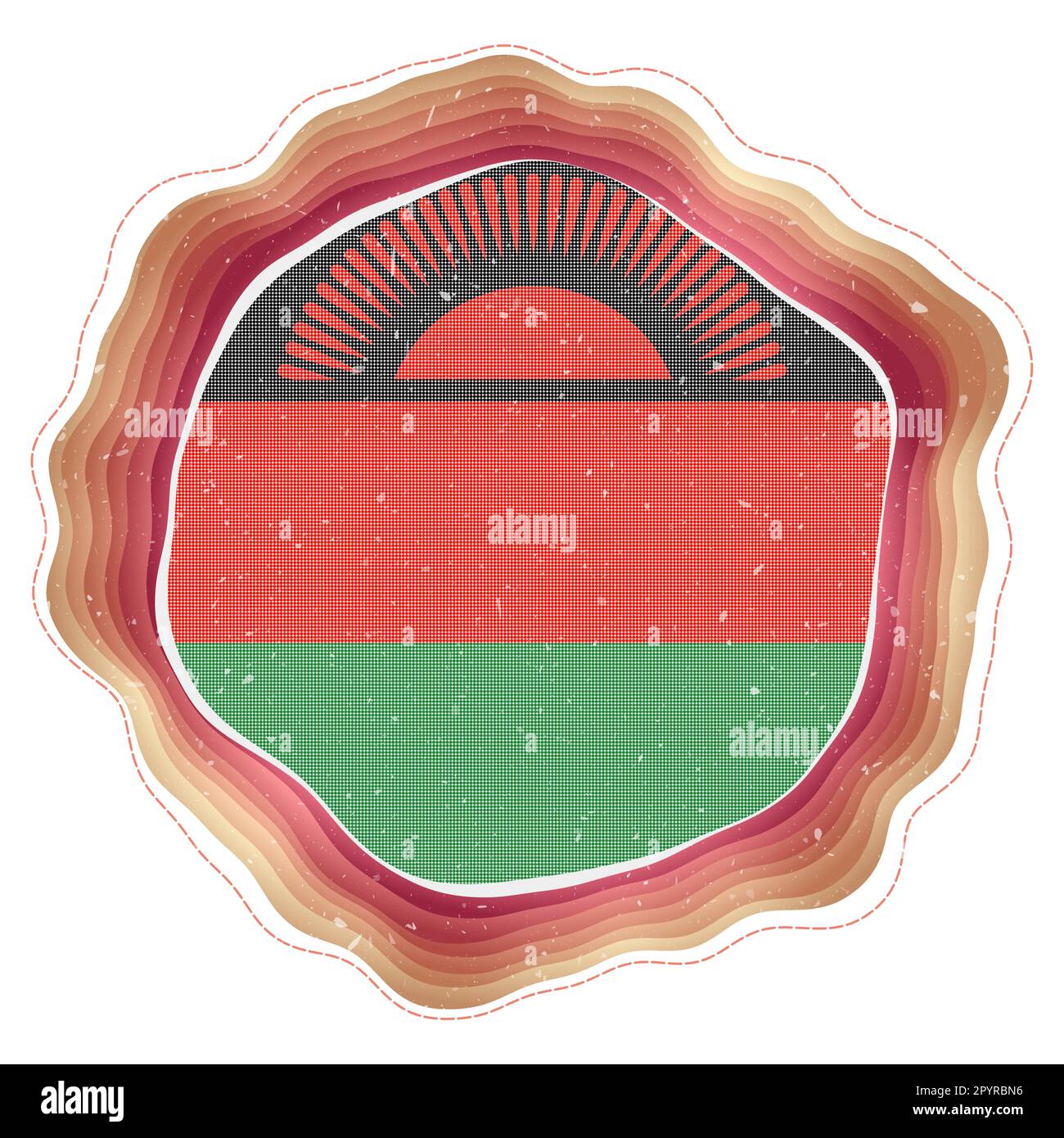 Malawi flag in frame. Badge of the country. Layered circular sign around Malawi flag. Superb ...