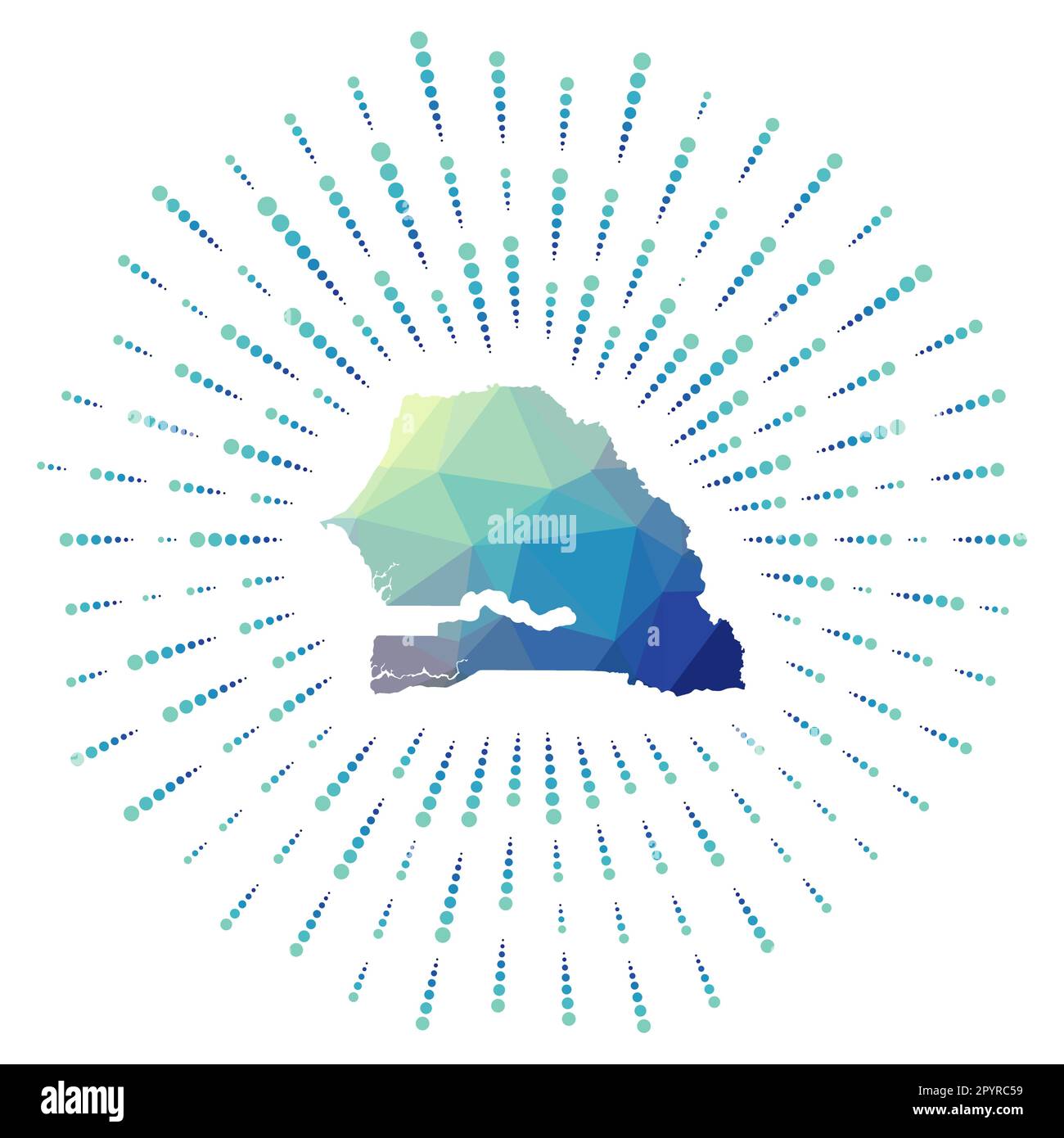 Shape of Senegal, polygonal sunburst. Map of the country with colorful ...