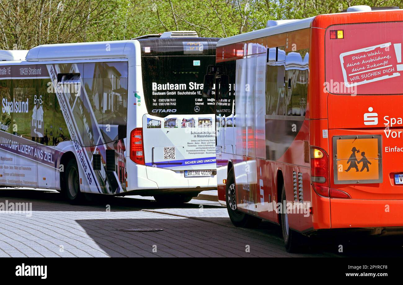 Grimmen, Germany. 03rd May, 2023. School buses pick up the children in ...