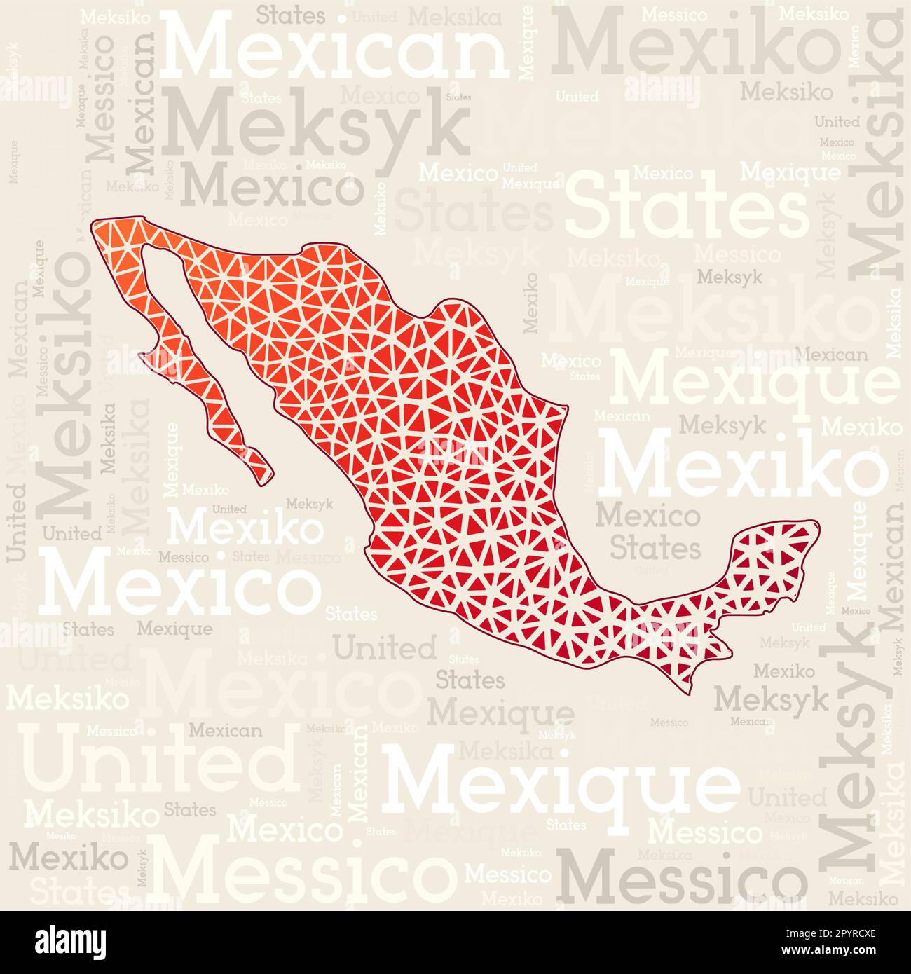 Mexico map design. Country names in different languages and map shape ...