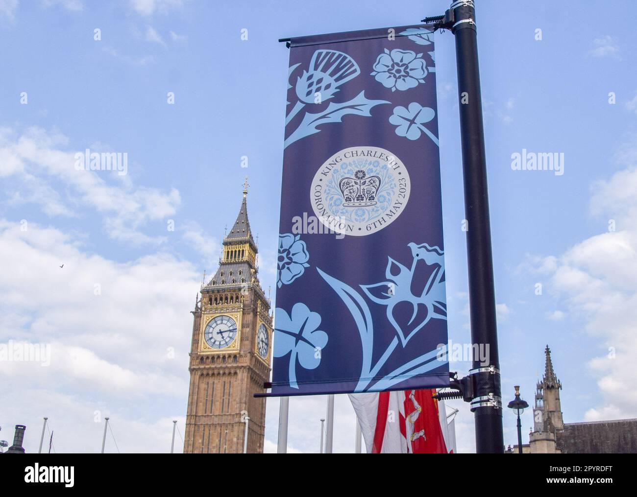 London, UK. 04th May, 2023. A coronation banner seen in Parliament ...