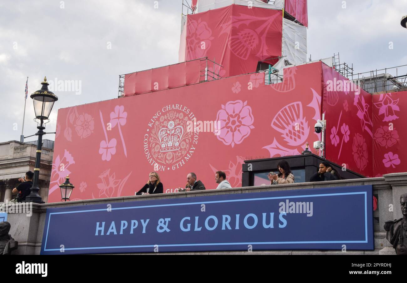 London, UK. 04th May, 2023. A huge coronation emblem on the National ...