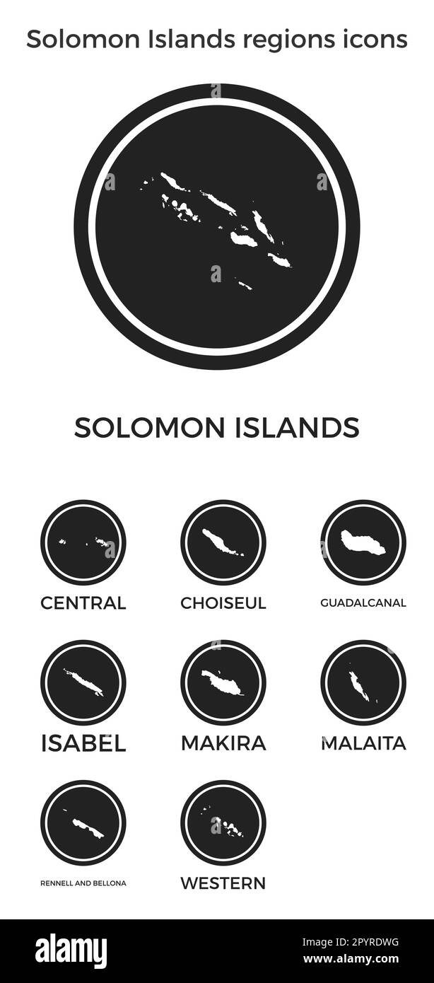 Solomon Islands regions icons. Black round logos with country regions ...