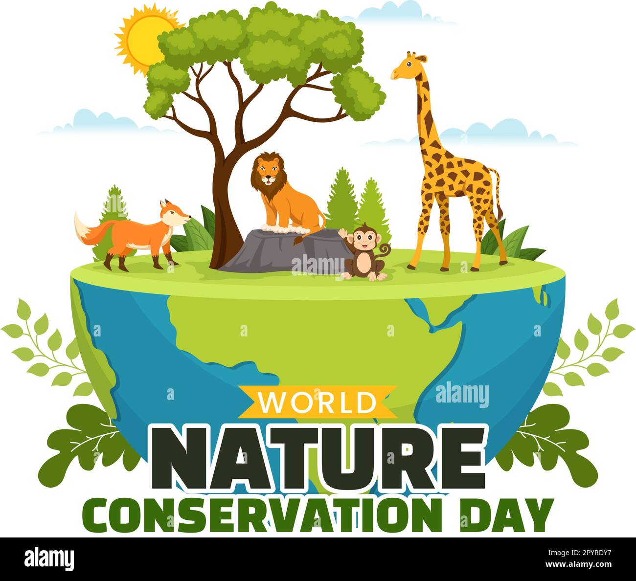 World Nature Conservation Day Vector Illustration with World Map, Tree ...