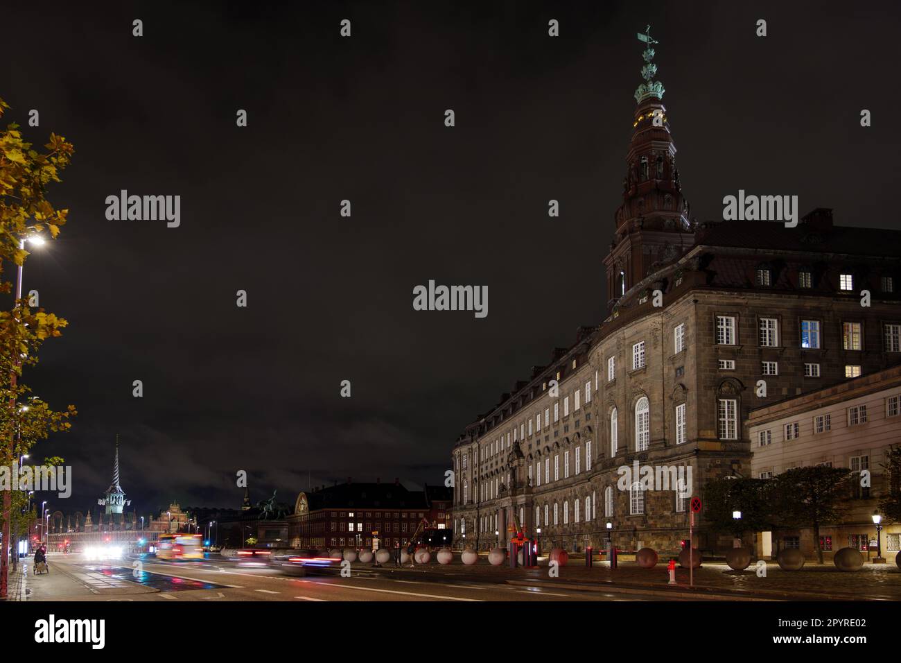 Copenhagen, Denmark - OCTOBER 2022: Outdoor night scenery at plaza and ...