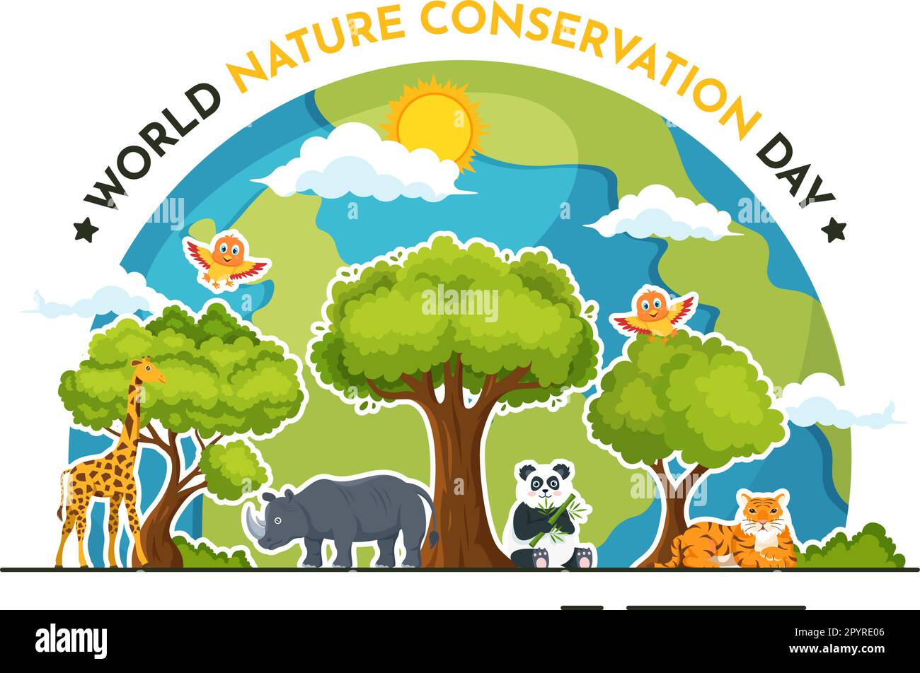 World Nature Conservation Day Vector Illustration with World Map, Tree ...