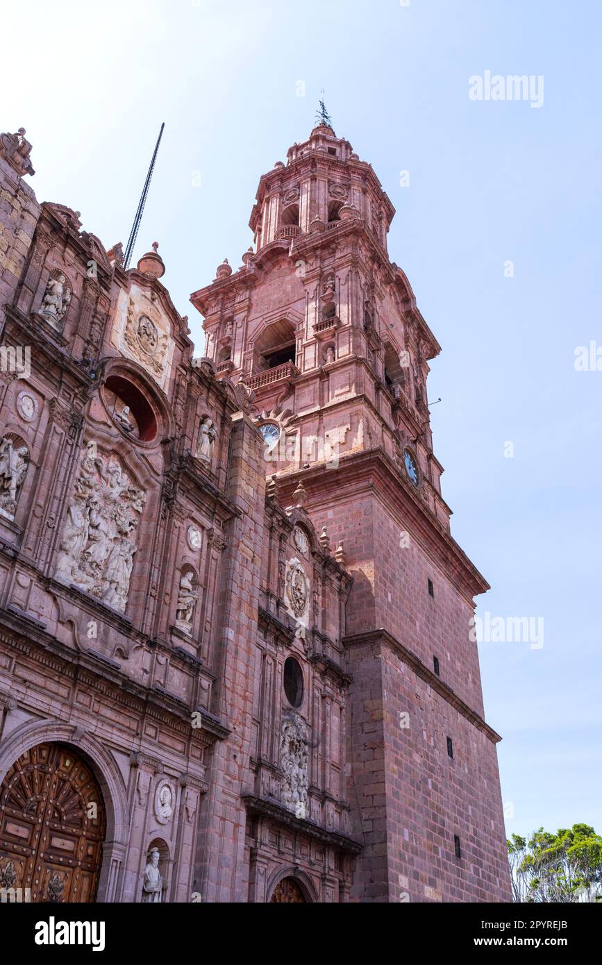 bell tower and facade at corner of morelia cathedral of baroque ...