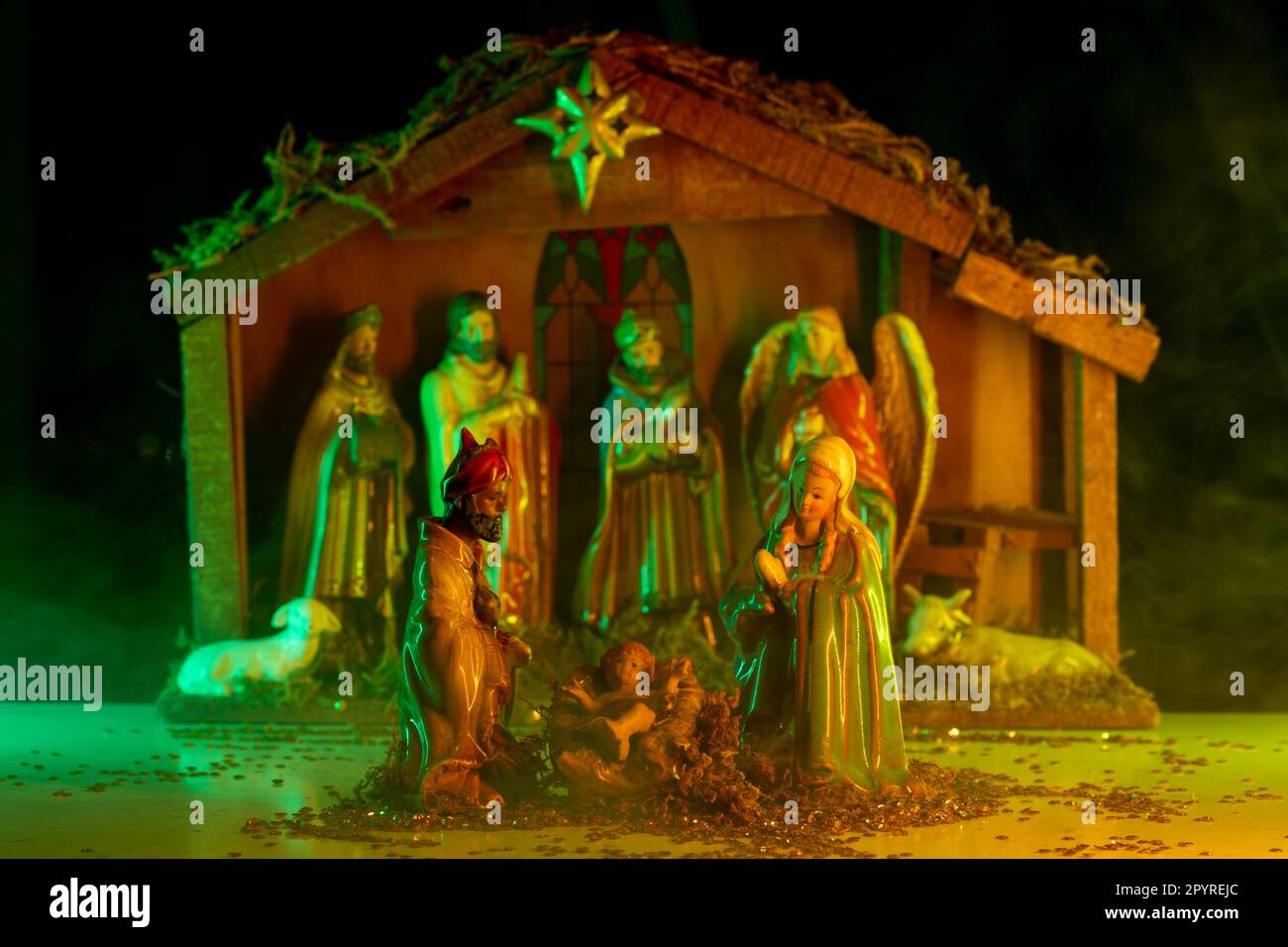 Christmas decorative creche with Holy family. Nativity scene. Christmas ...