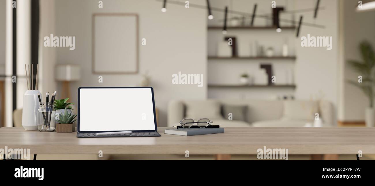 Study table in a modern contemporary living room with tablet white ...