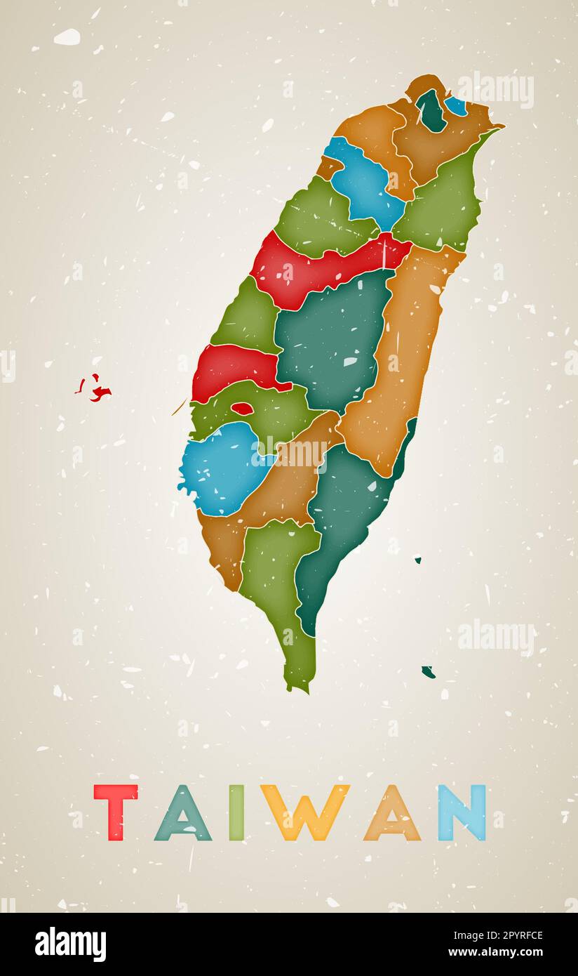 Taiwan map. Country poster with colored regions. Old grunge texture ...