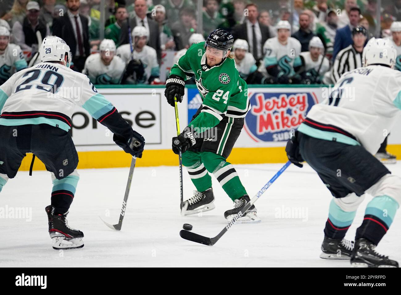 Dallas Stars center Roope Hintz (24) shoots as Seattle Kraken's Vince ...