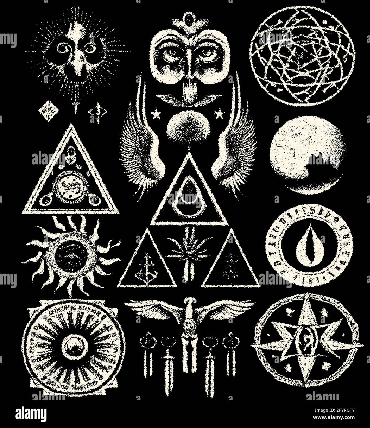 Occult symbols composition in dotwork style. Abstract mystic elements ...