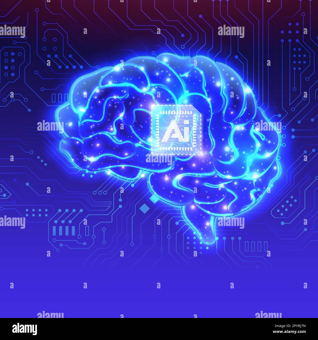 AI technology concept chipset on abstract shinny gradient brain in ...