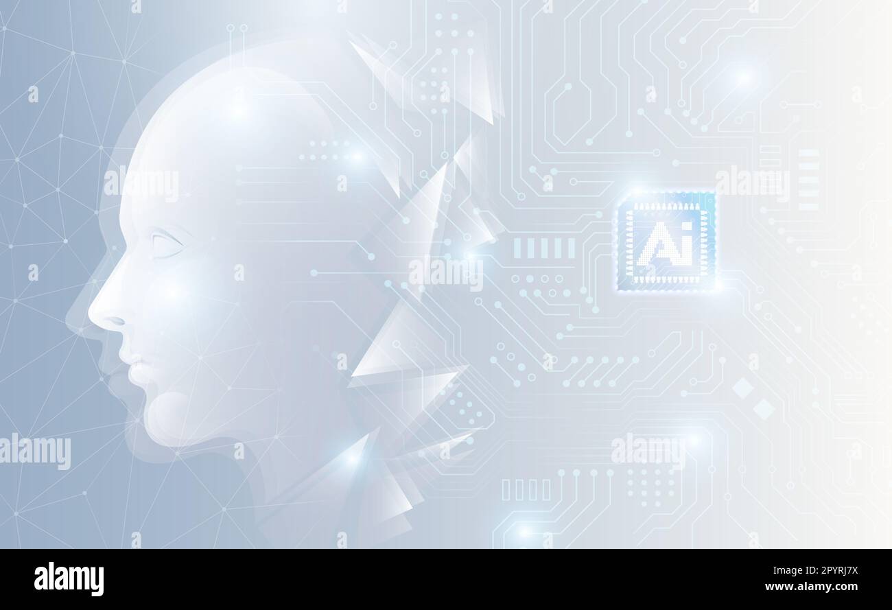 AI technology concept artificial abstract human side face with chip ...
