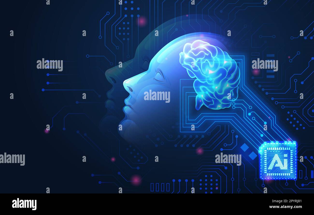 AI technology concept artificial abstract human side face and glowing ...
