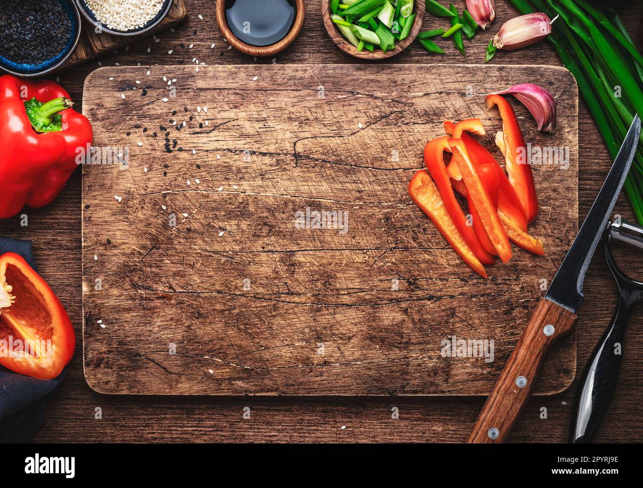 Asian cuisine ingredients, food background. Ginger, chili pepper ...