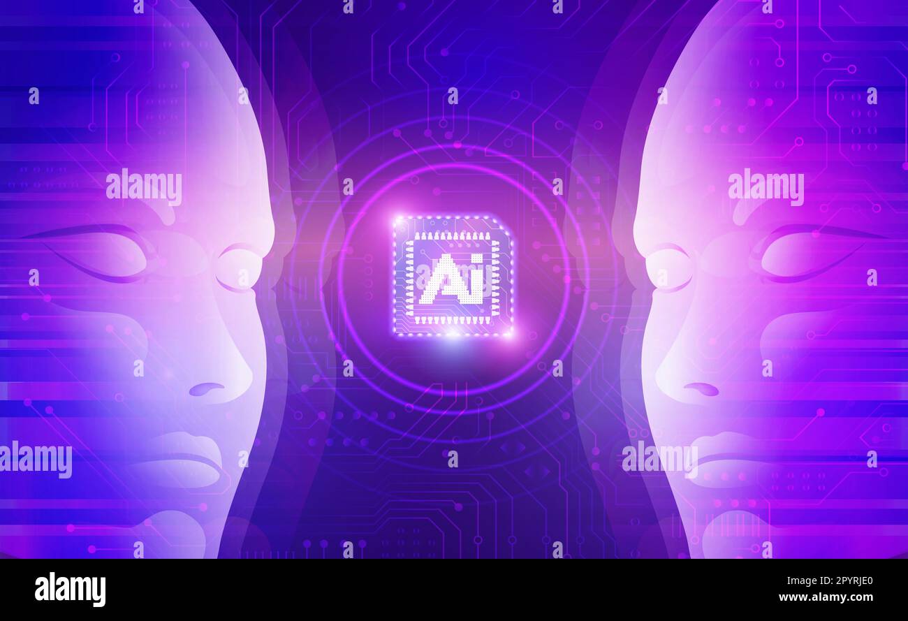 AI technology concept artificial abstract human face and chip circuit ...