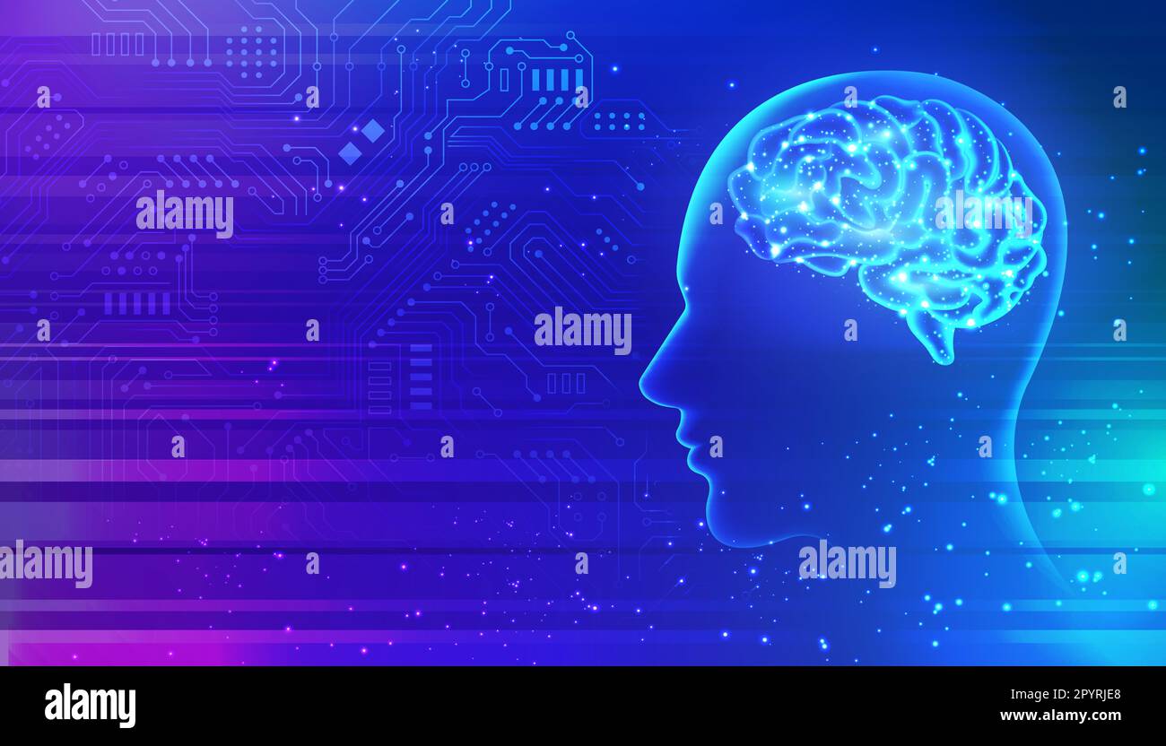 AI technology concept artificial abstract human side face and glowing ...