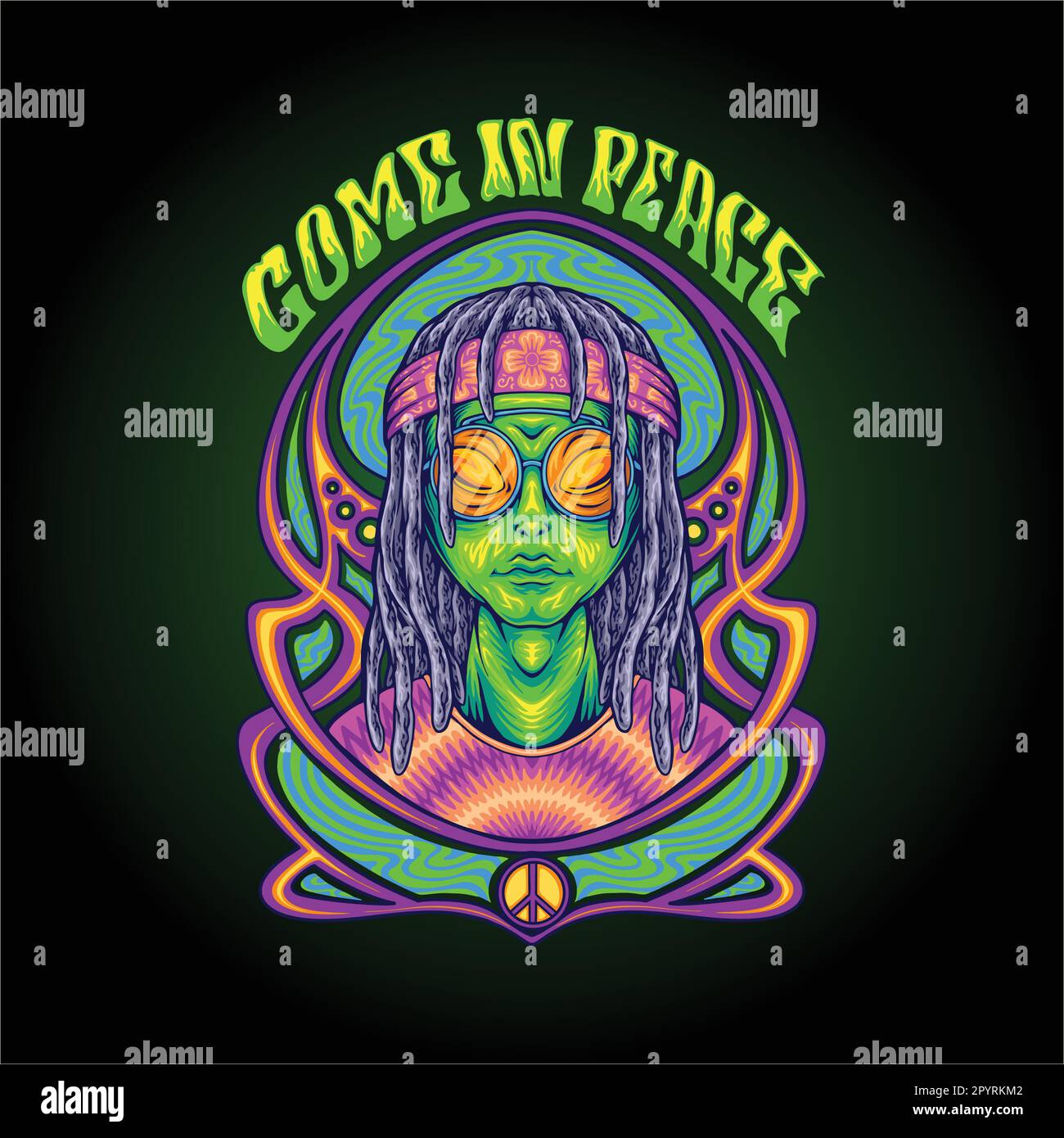 Hippies alien come in peace with art nouveau frame illustrations vector ...