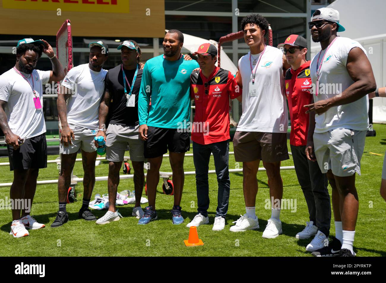 Ferrari drivers Charles Leclerc of Monaco, second right, and Carlos ...