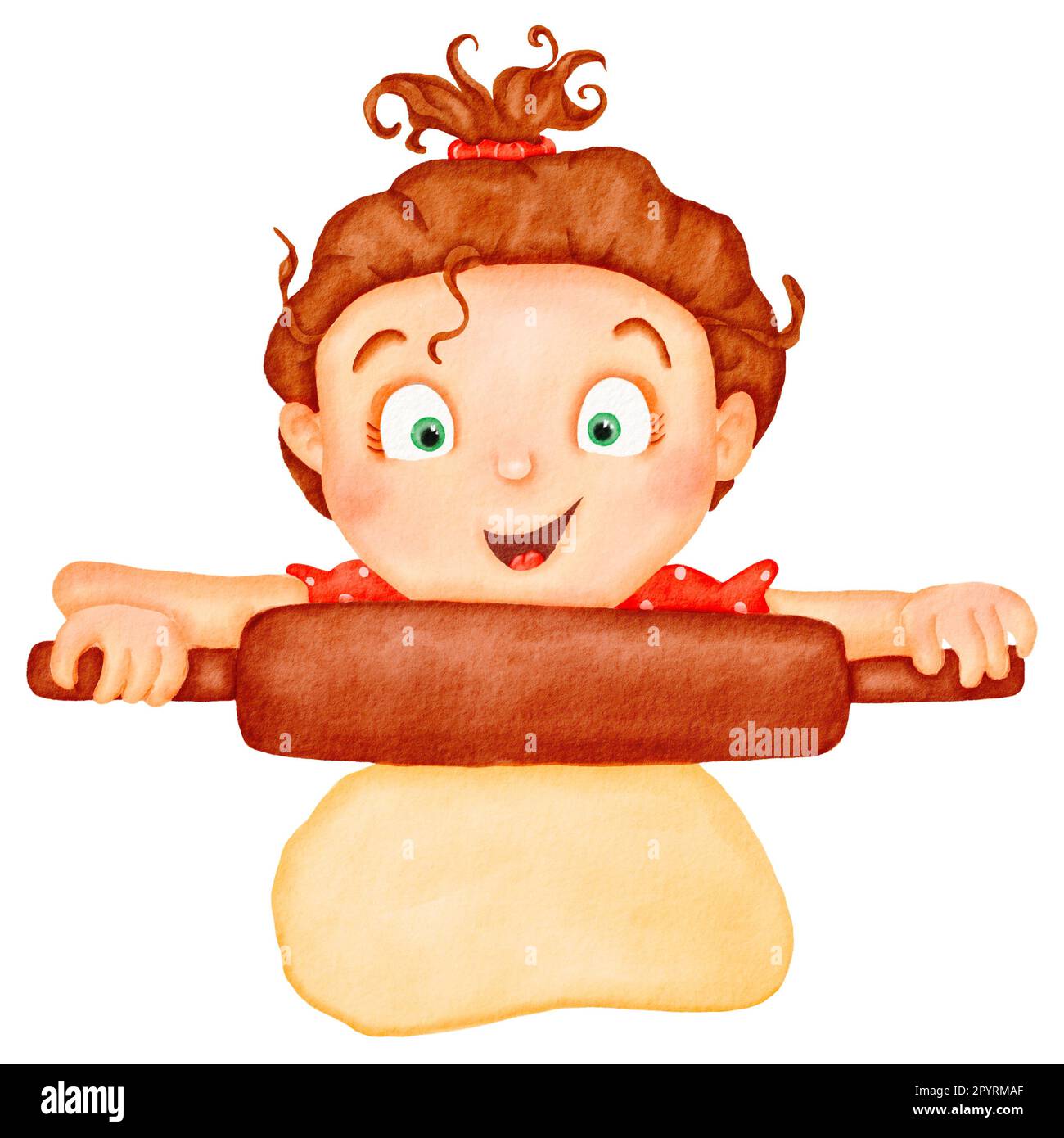 A little curly funny girl rolls out the dough, prepares a pie for ...