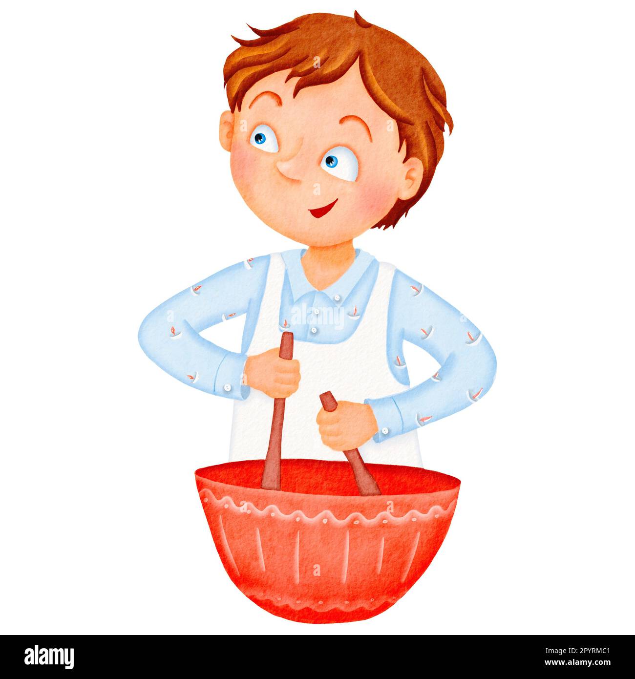 A gentle dreaming boy in an apron and a blue shirt is mixing salad ...