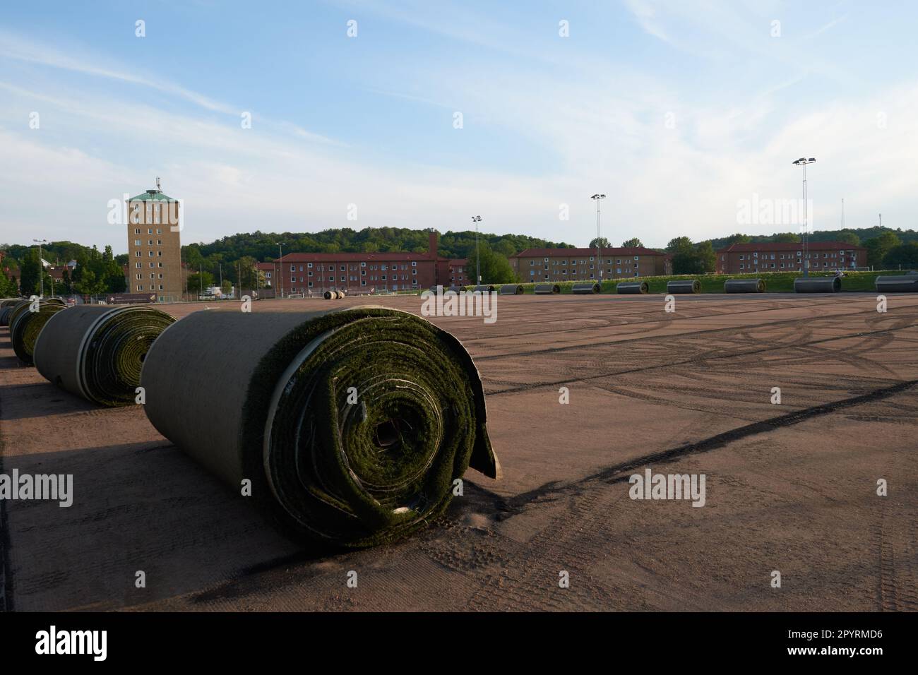 Build of a football field with artificial grass Stock Photo - Alamy