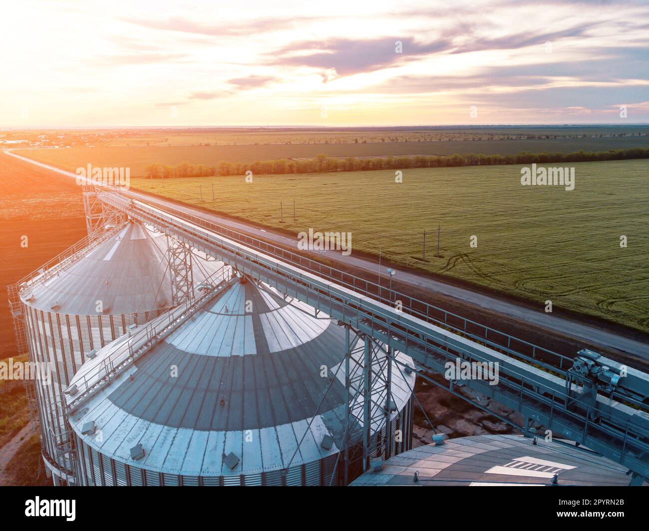 Grain silos on a green field background with warm sunset light. Grain ...