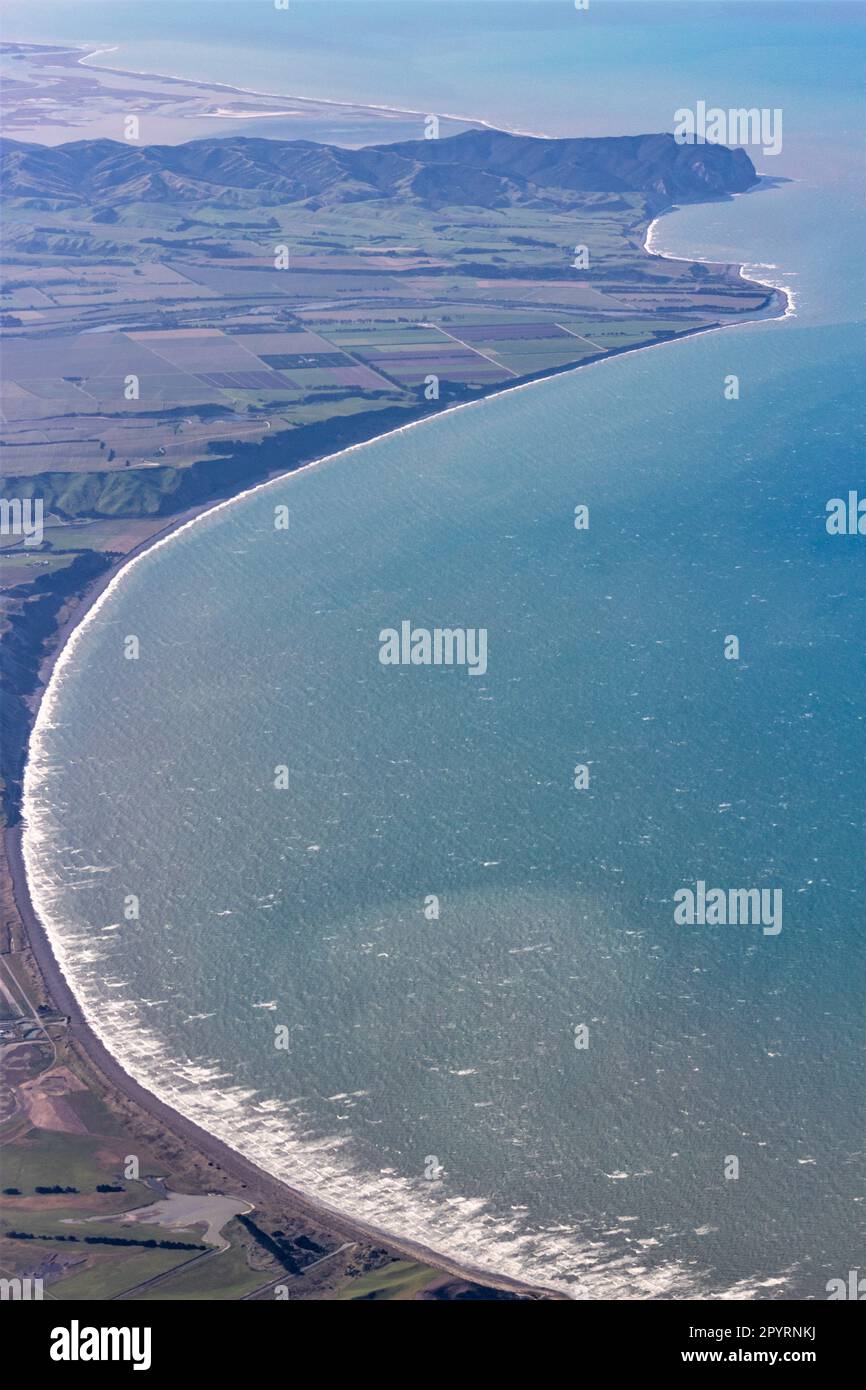 An aerial view of Clifford Bay, Marlborough Coastline, New Zealand ...