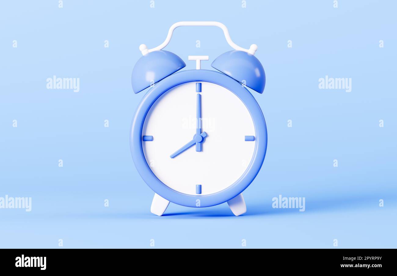Cartoon blue clock in the blue background, 3d rendering. Digital ...