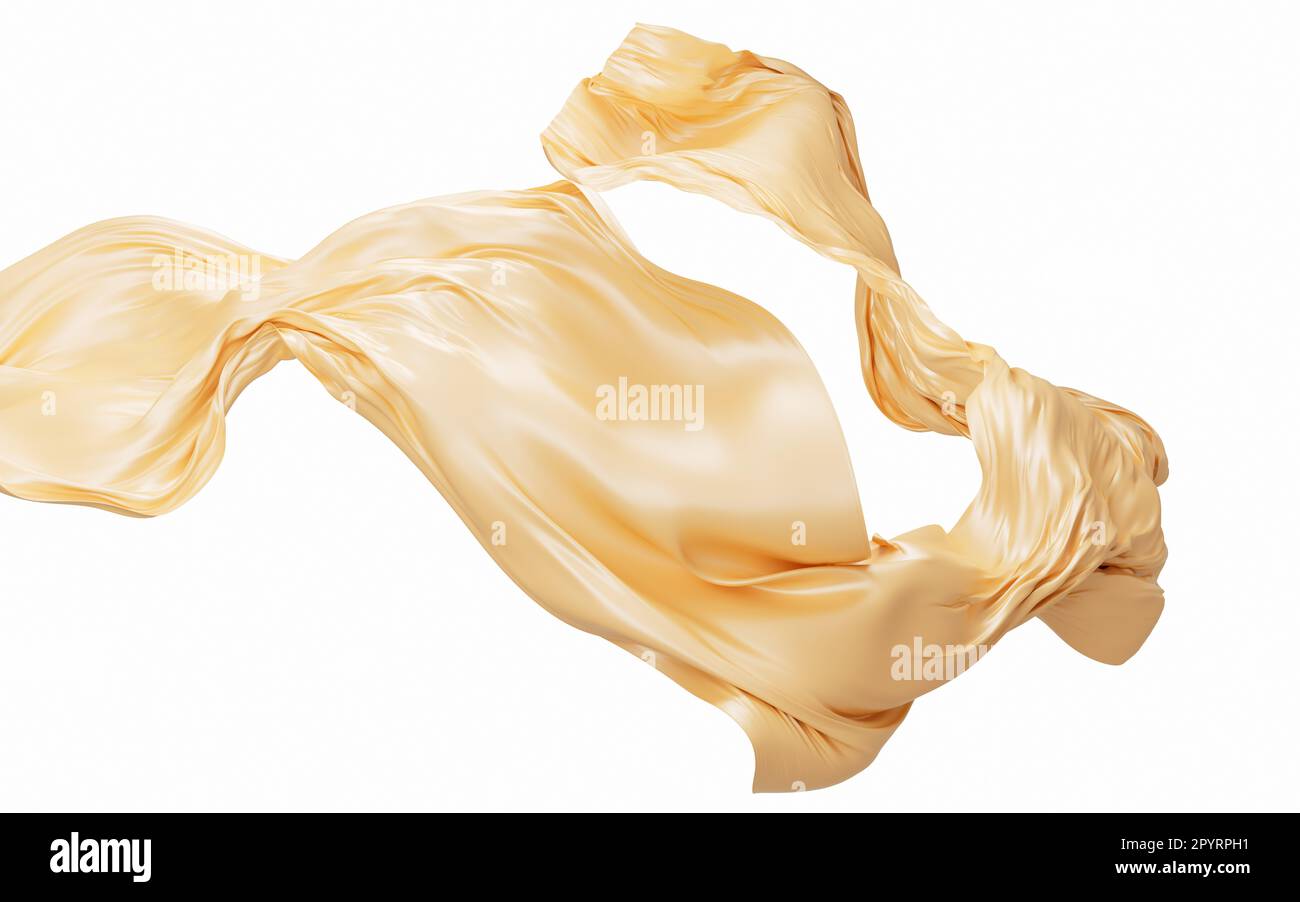 Gold silk fabric, gold cloth material flying in the wind , 3d rendering ...
