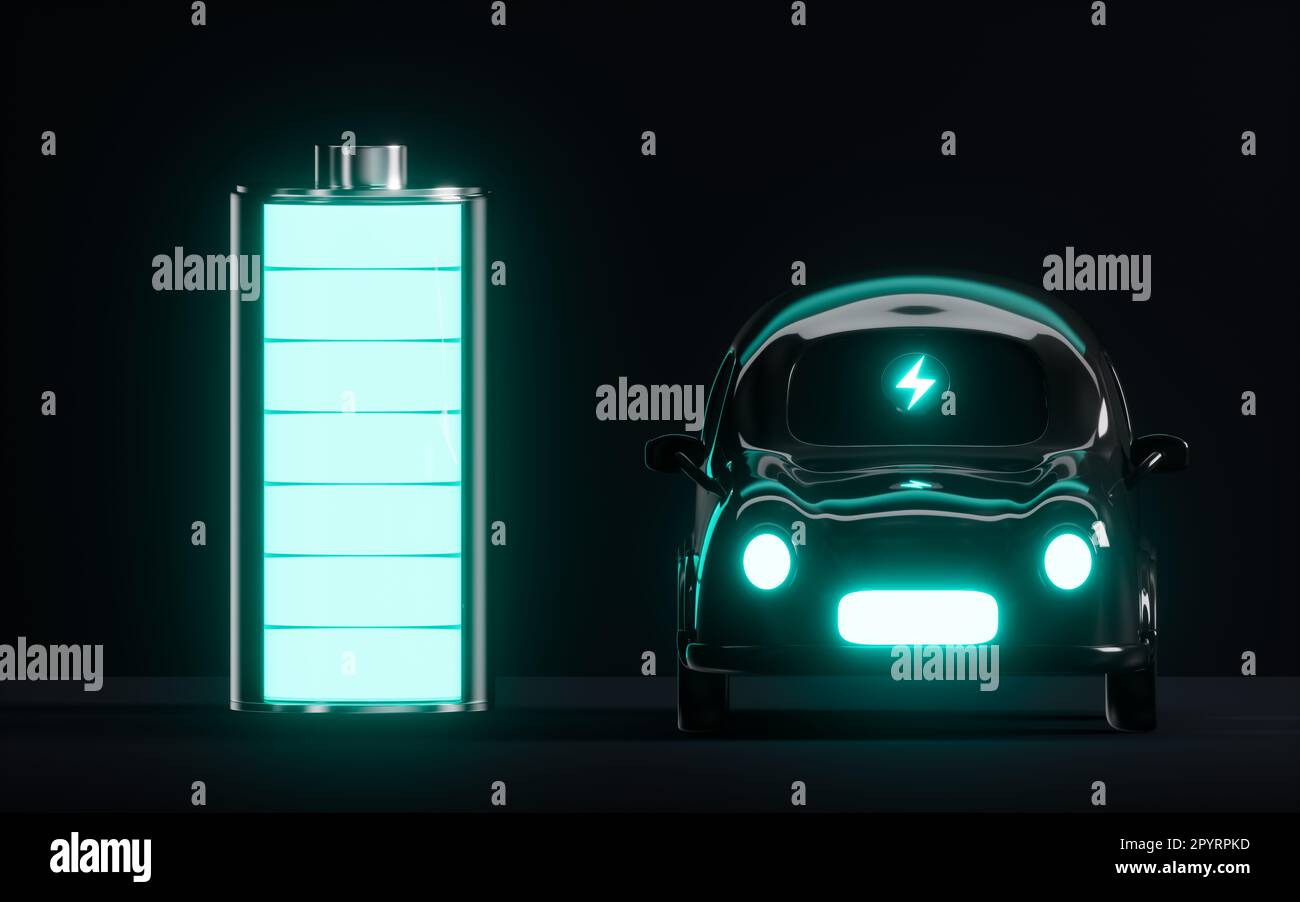 Cartoon battery and car, electric vehicle charging concept, 3d ...