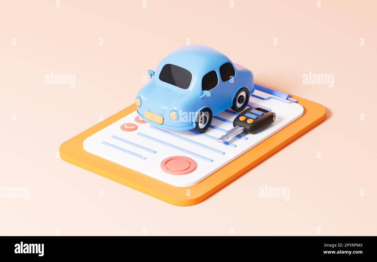 Cartoon blue car and contract on the yellow background, 3d rendering ...