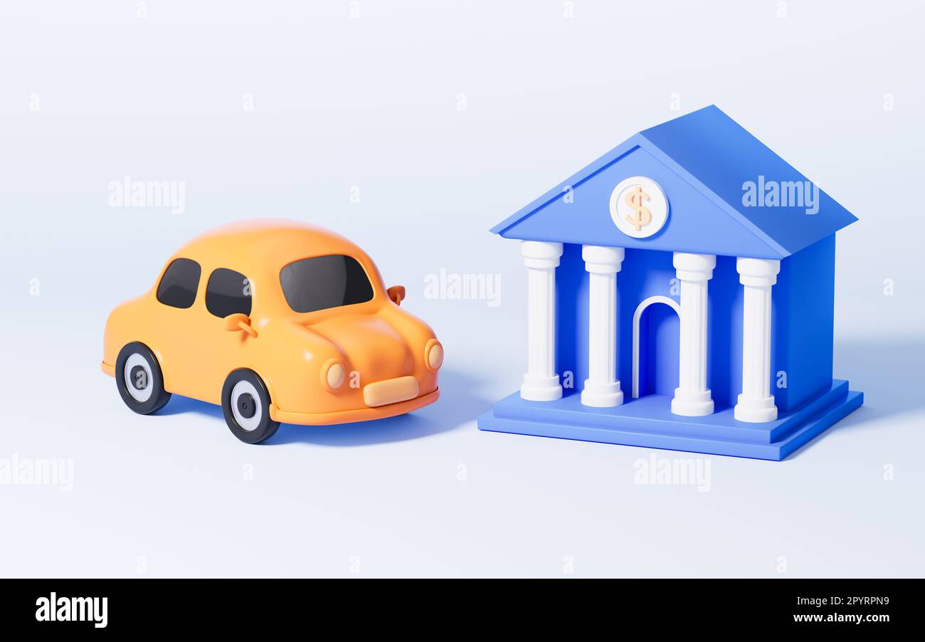 Cartoon yellow car and bank on the blue background, 3d rendering ...