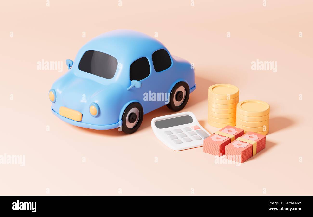 Cartoon blue car and cash on the yellow background, 3d rendering ...