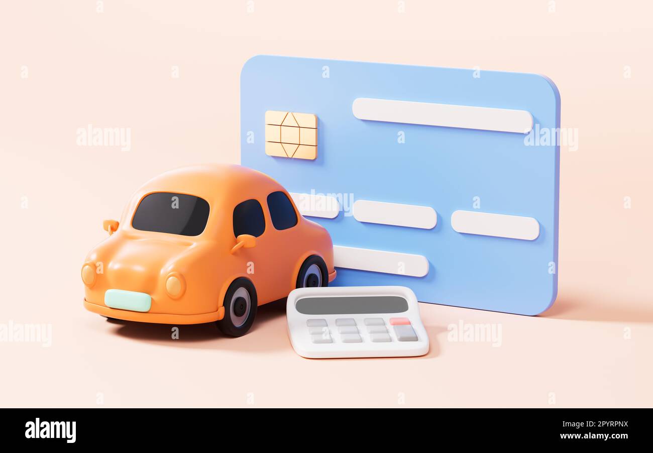 Cartoon car and bank card on the yellow background, 3d rendering ...