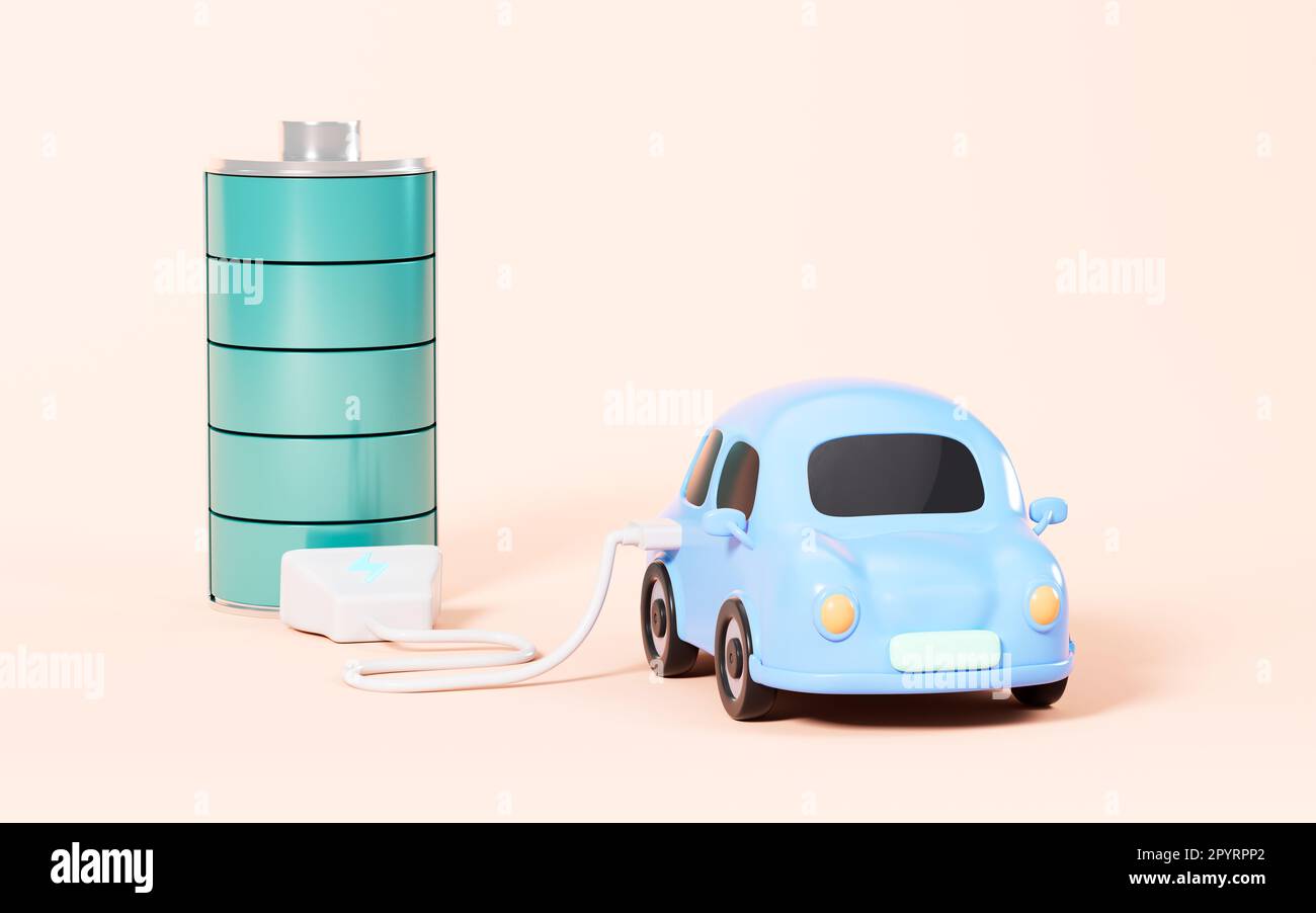 Cartoon battery and car, electric vehicle charging concept, 3d ...