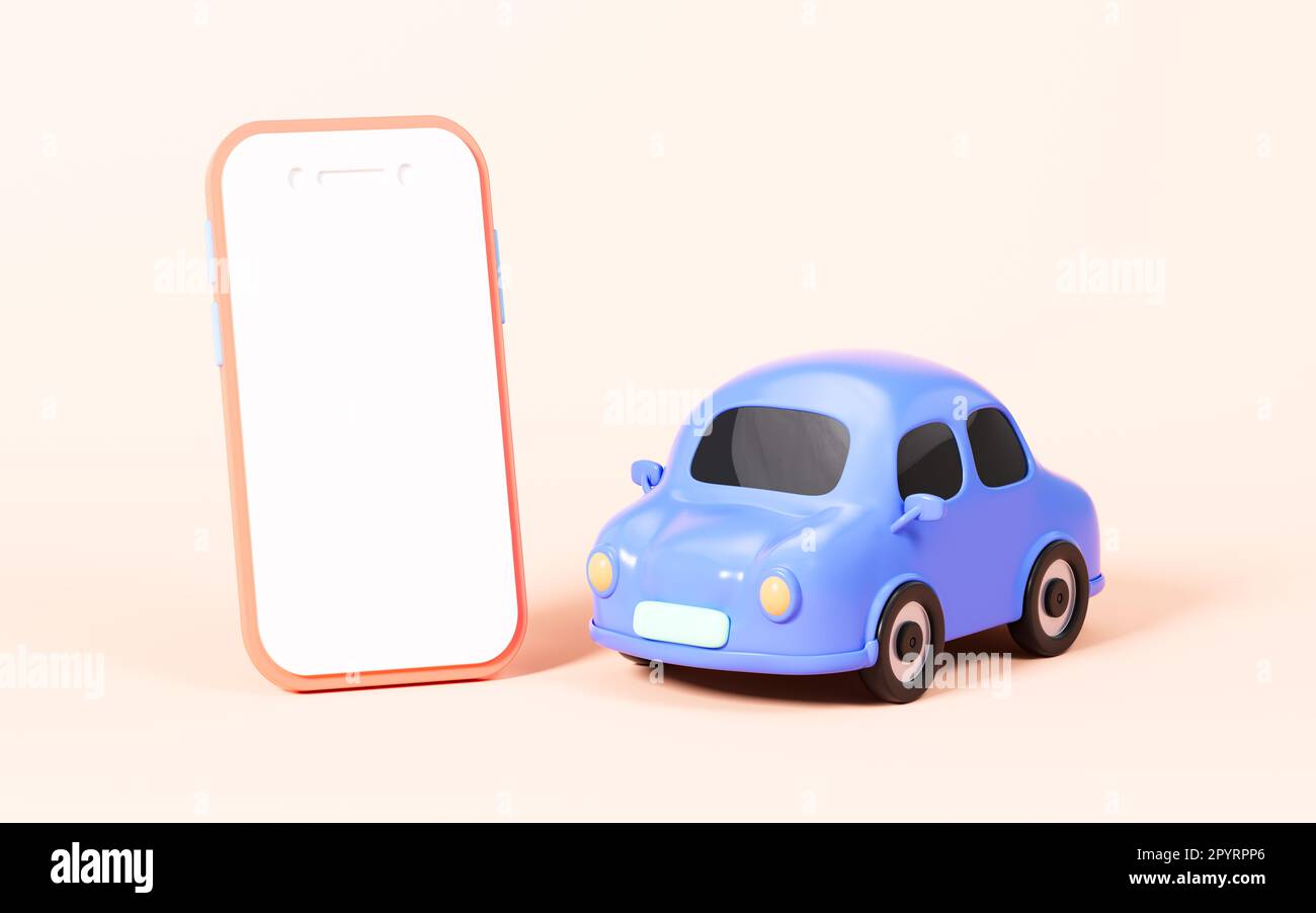 Mobile phone and cartoon blue car in the yellow background, 3d ...