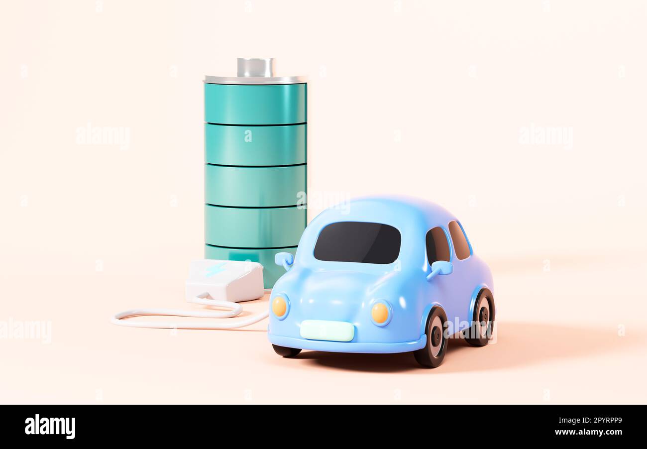 Cartoon battery and car, electric vehicle charging concept, 3d ...