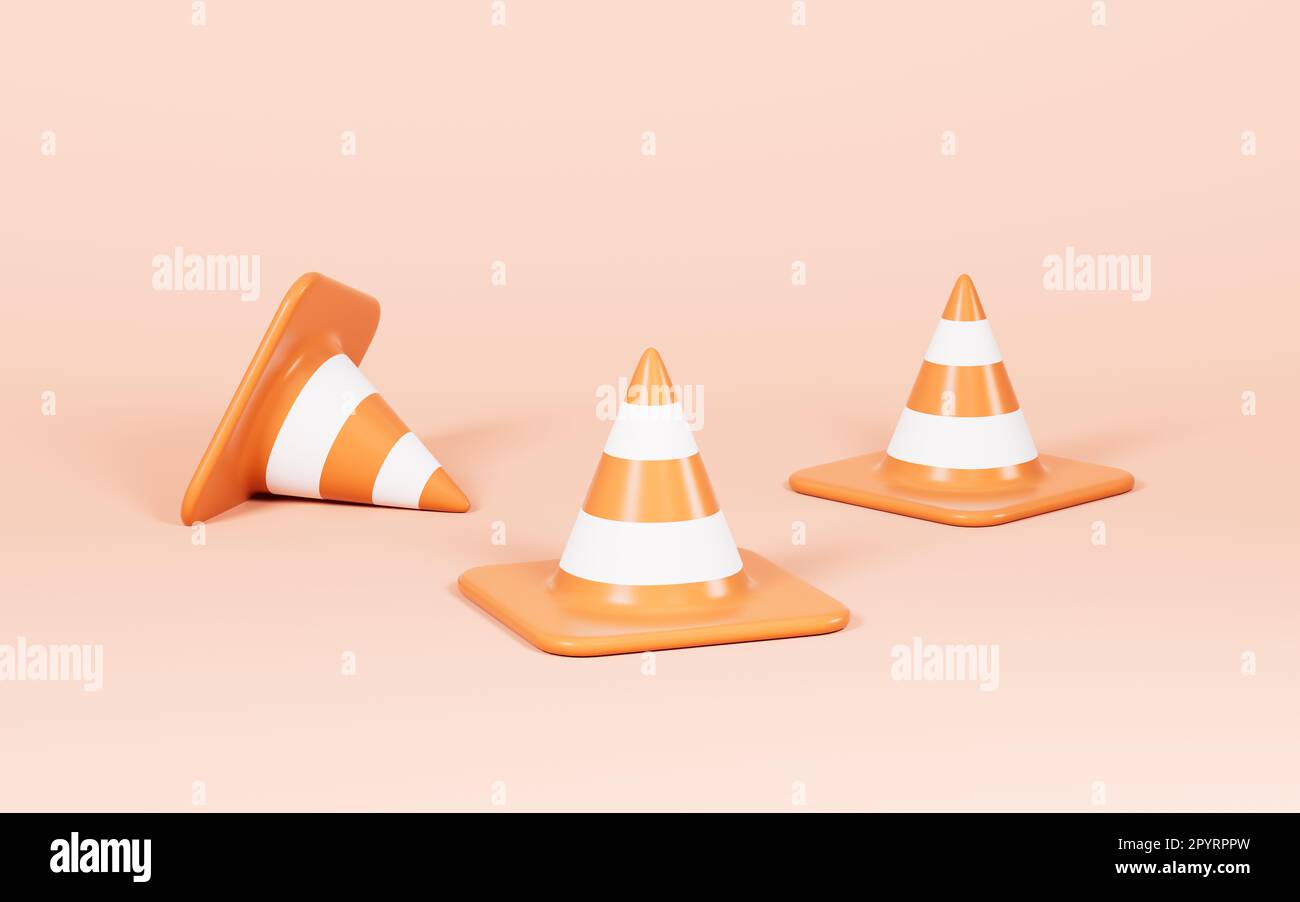 Cartoon traffic cone in the yellow background, 3d rendering. Digital ...