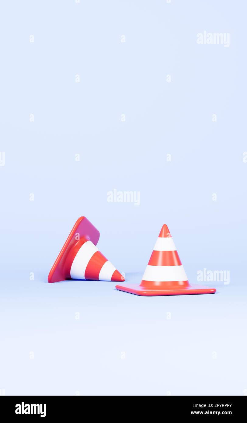 Cartoon traffic cone in the blue background, 3d rendering. Digital ...