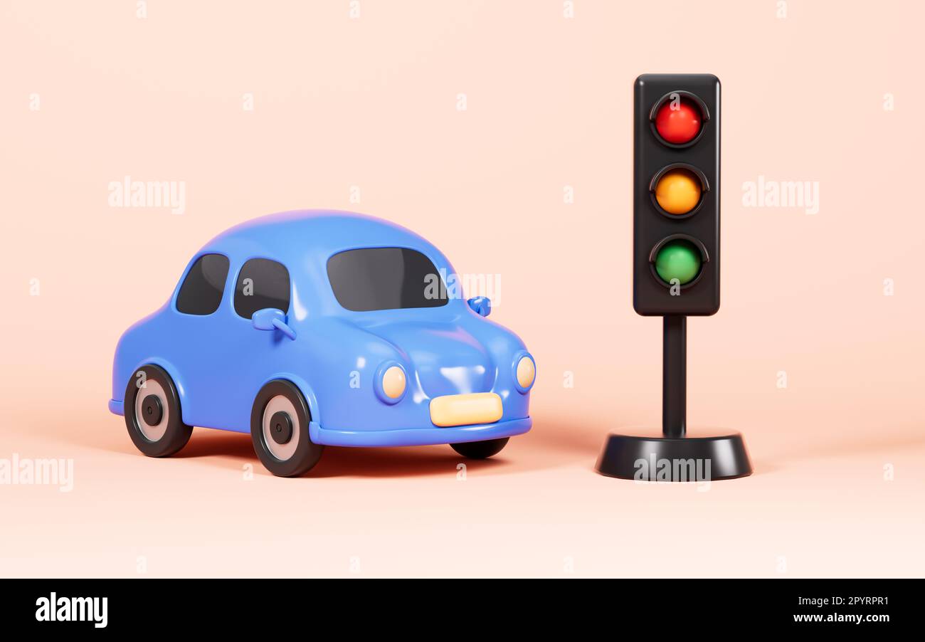Cartoon blue car and traffic sign light on the yellow background, 3d ...